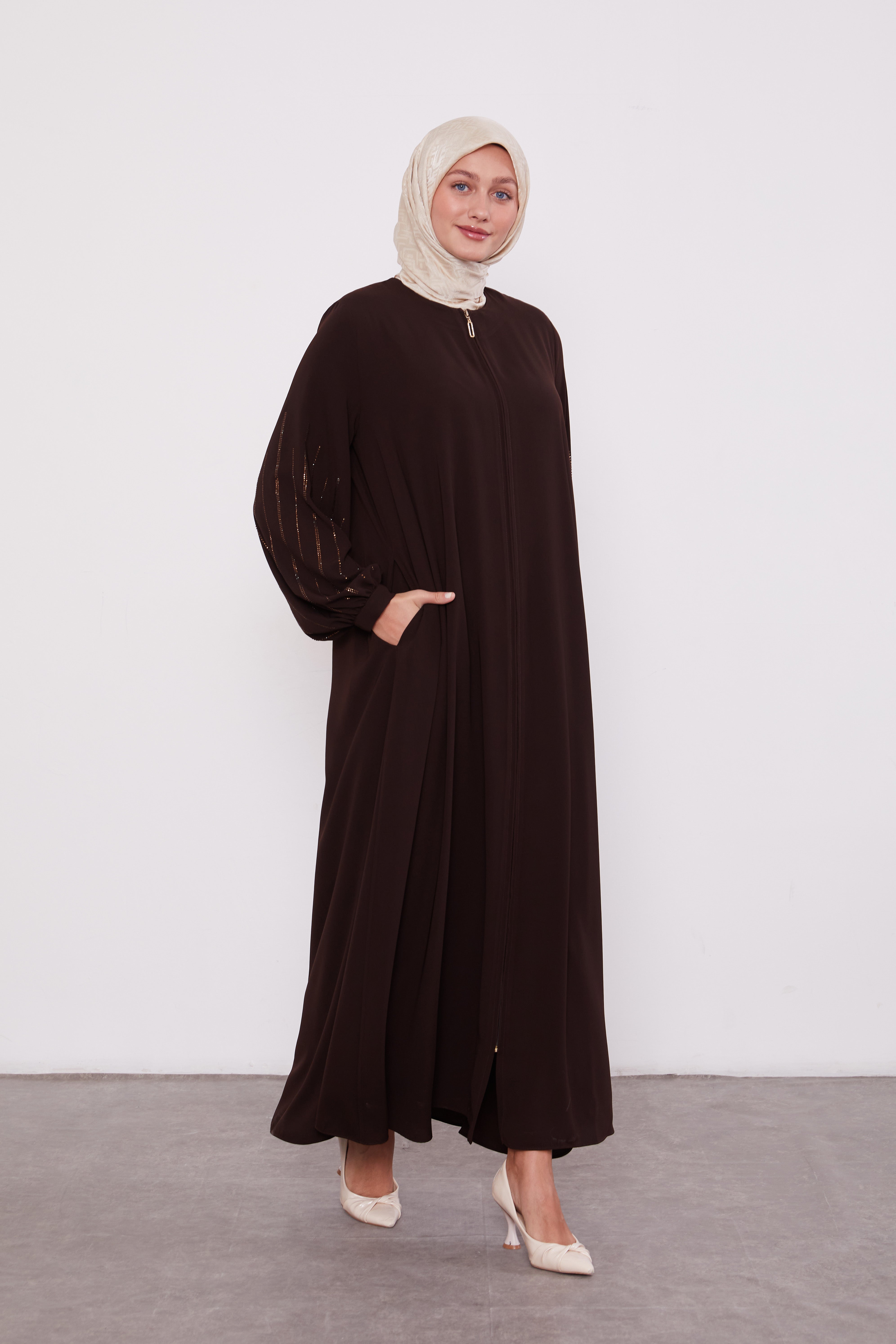 Classic Zipped Abaya with Cuffed Sequenced Sleeves Chocolate| Amsons