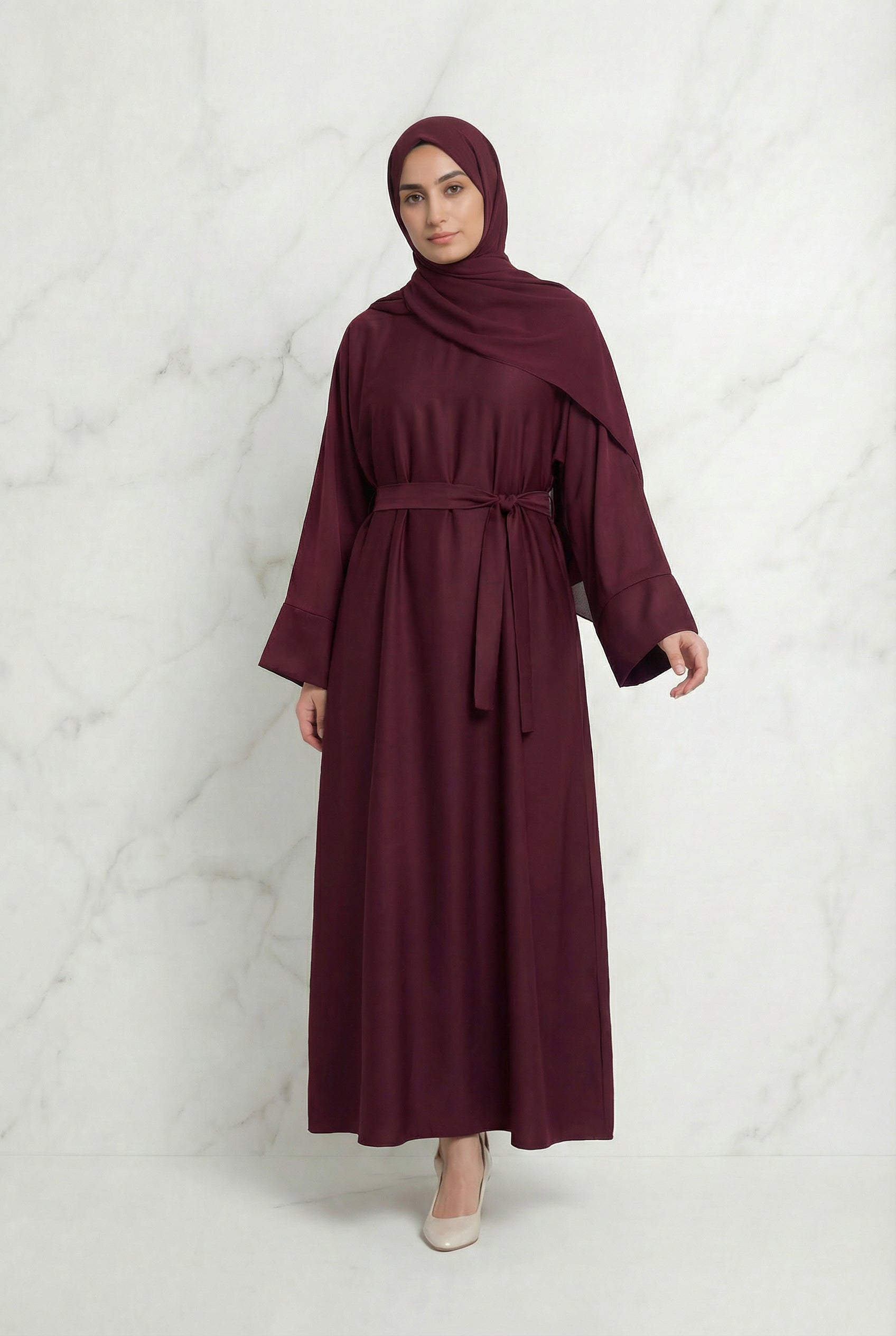 Satin Belted Abaya Burgundy 622 Col 9 | Amsons