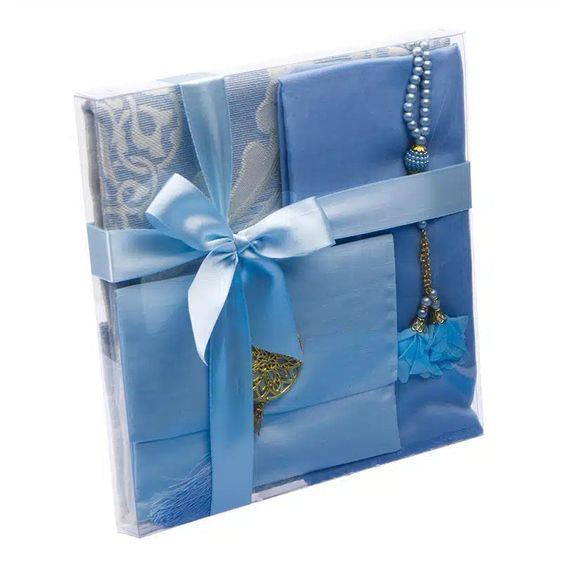Baby Blue Surah With Silk Cover Prayer Set Gift Box | Amsons